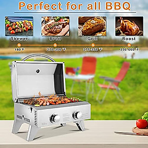 ROVSUN Extra Large 20,000 BTU Portable Gas Grill, 2 Burner Tabletop Propane Griddle with Foldable Legs, Regulator & Full Stainless Steel for Outdoor Picnic Camping Trip, Tailgating, Patio Garden BBQ Home Use