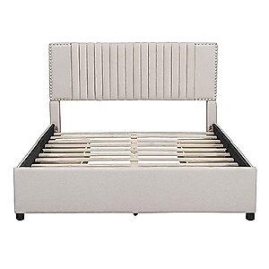 ATY Queen Size Platform Bed with 4 Storage Drawers & Classic Headboard, Upholstered Linen Bedframe, Save Space, Perfect for Bedroom,Livingroom,Guestroom, No Box Spring Needed, Beige