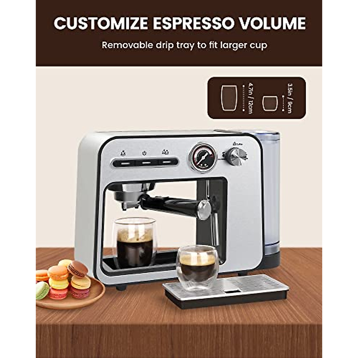 Teglu Espresso Machine 20 Bar with Milk Frother, Semi-Automatic Latte & Cappuccino Coffee Maker Duo-cup 33oz/1L Removable Water Tank for Home/Office, 1450W, Stainless Steel