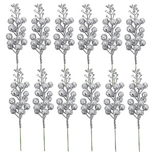 Toyvian 12Pcs Christmas Glitter Berries Stems, 7Inch Silver Artificial Berry Christmas Picks, Holly Berry Twig for Christmas Tree Decoration DIY Wreath Accessories Winter Holiday Decoration