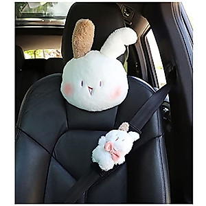 seemehappy Fuzzy Naughty Bunny Car Pillow Headrest Pillow, Fluffy Bunny Seat Belt Should Pad Cover, Cute Auto Accessories for Girls