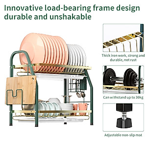 Boiarc Dish Drying Rack, 2 Tier Dish Rack for Kitchen Counter with Drainboard and Utensil Holder, Large Dish Drainer for Small Kitchen - Gold and Green¡­