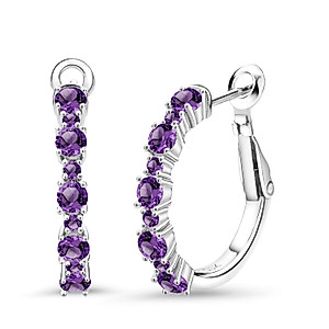 Gem Stone King 925 Sterling Silver Round Purple Purple Amethyst Hoop Earrings For Women (1.32 Cttw, Gemstone Birthstone, 3/7 Inch Diameter)