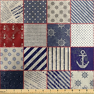 Lunarable Nautical Fabric by The Yard, Maritime and Marine Life Design Vintage Sailor Knot Anchor Motifs, Decorative Satin Fabric for Home Textiles and Crafts, 5 Yards, Vermilion Blue