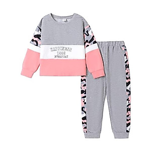 PATPAT Girls Outfits Grey Pink Crew Neck Leopard Color Block Sweatshirt and Sweatpant Girls Outfits Size 7/8