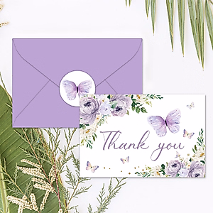 Whaline 24Pcs Floral Butterfly Thank You Cards Purple Flower Greeting Cards with Envelope Stickers Spring Watercolor Blank Note Cards for Birthday Wedding Baby Shower Bridal Shower, 4 x 6 Inch