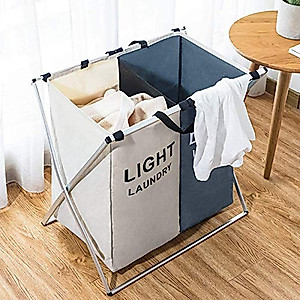 WANYU 125L Laundry Hamper 2 Section Basket Bin Washing Storage Bag Folding Hamper Sorter Aluminum X-Frame Cloth Organizer Durable for Bathroom Home with Carrying Handle (White+Grey)