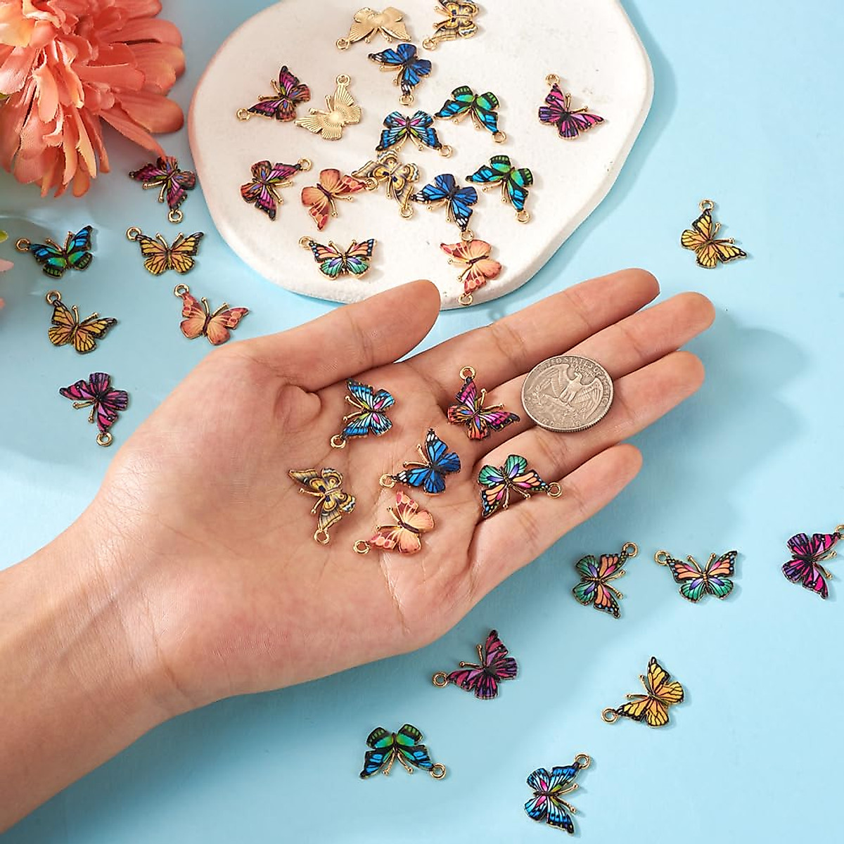 Boutigem 36pcs Colorful Butterfly Enamel Charms Insect Butterfly Shape Metal Charms Light Gold Plated Alloy Enamel Pendants for Necklace Bracelet Earring DIY Jewelry Making Acessories