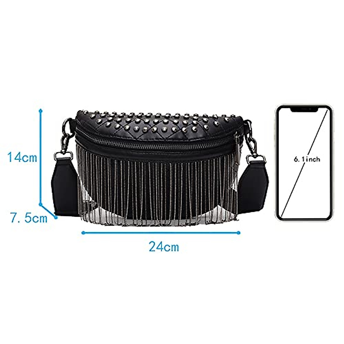 LABANCA Women Faux Leather Waist Packs Rivet Studded Zipper Pocket Shoulder Purse Rave Festival Fanny Bag Purse Chest Bag, Black