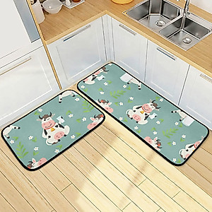 MCHIVER Farm Cow Kitchen Rugs Set Anti Fatigue Kitchen Mat 2 Pieces for Floor Non-Slip Cushioned Runner Rug Standing Mat for Kitchen Bedroom Bathroom Home Decor