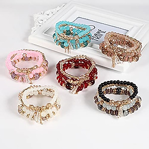 Solosoya Bohemian Stackable Bracelets Set for Women Multipack Multilayer Girls Elastic Rope Boho Colorful Stack Beads Bright Beaded Bracelets with Clear Vertebral Pendant Handmade Ladies Stretch Jewelry Accessories 6 Pack