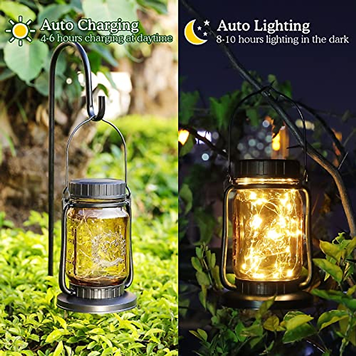 NEEMO Solar Mason Jar Fairy Lights, 4 Pack Solar Lanterns Outdoor Waterproof Glass Lamp, Vintage Jar Starry Fairy Light with Angel Pattern for Patio, Garden, Party, Holiday [Warm White]