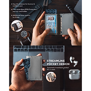 VULKIT Card Holder Wallet for Mens with ID Windows RFID Blocking Pop Up Wallet Slim Leather Wallet Holds Up to 12 Cards Men's Card Case, Iron Grey