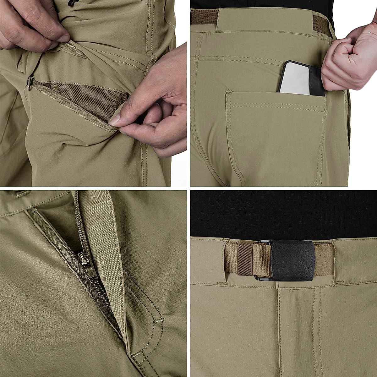 FREE SOLDIER Men's Outdoor Cargo Hiking Pants with Belt Lightweight Waterproof Quick Dry Tactical Pants Nylon Spandex (Mud 34W/30L)