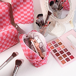 6 Pcs Preppy Makeup Bag Bulk Checkered Cosmetic Bag Pink Makeup Pouch Personalize Travel Toiletry Bag Organizer Cute DIY Makeup Brushes Storage Bag for Women