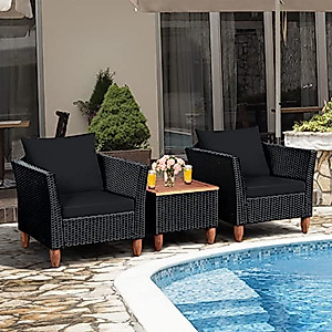 Tangkula 3 Piece Patio Furniture Set, Patiojoy Outdoor Wicker Rattan Bistro Sofa Set w/Washable Cushion, Acacia Wood Top Coffee Table, Conversation Set w/Adjustable Feet for Balcony Backyard Porch