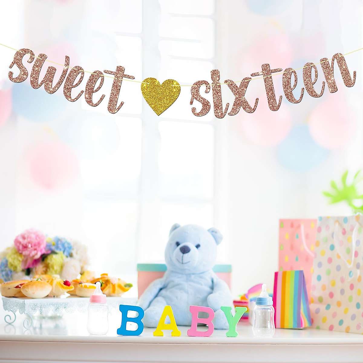 Maicaiffe Rose Gold Glitter Sweet Sixteen Banner - Happy 16th Birthday Banner - 16th Birthday Party Decorations for Girls - Sixteen Years Old Decorations