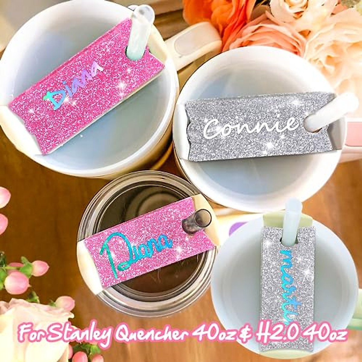 AIERSA Name Plate or Stanley Cup Lid 40oz Tumbler with Handle, 6pcs Pink, 6Pcs Silver