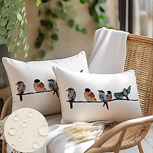RABUSOFA Outdoor Pillow Covers Waterproof 12x20,Outdoor Bird Lumbar Throw Pillow Cases Small Decorative Pillows for Couch Patio Furniture Polyester Linen Teal Blue