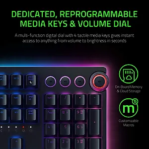 Razer Huntsman Elite Gaming Keyboard: Fast Keyboard Switches - Linear Optical Switches - Chroma RGB Lighting - Magnetic Plush Wrist Rest - Dedicated Media Keys & Dial - Classic Black