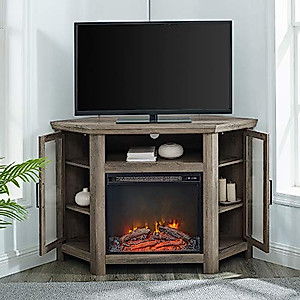 Walker Edison Alcott Classic Glass Door Fireplace Corner TV Stand for TVs up to 55 Inches, 48 Inch, Grey Wash