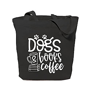 GXVUIS Dogs Books And Coffee Canvas Tote Bag for Women Aesthetic Reusable Grocery Shoulder Shopping Bags Gifts for Girls Black