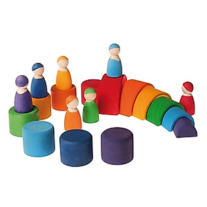 Grimm's Seven Friends in 7 Bowls: Set of Wooden Sorting & Matching Rainbow Peg Dolls with Little Cups and Tray