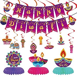 Diwali Decorations Happy Diwali Banner Hanging Swirls and Table Decorations Honeycomb Centerpieces for House Happy Diwali Banner for Diwali Rangoli Diya Hanging Decors