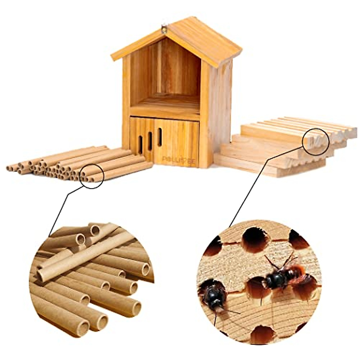 POLLIBEE Mason Bee House Wax Coated Wooden Bee Hotel Waterproof Beehouses