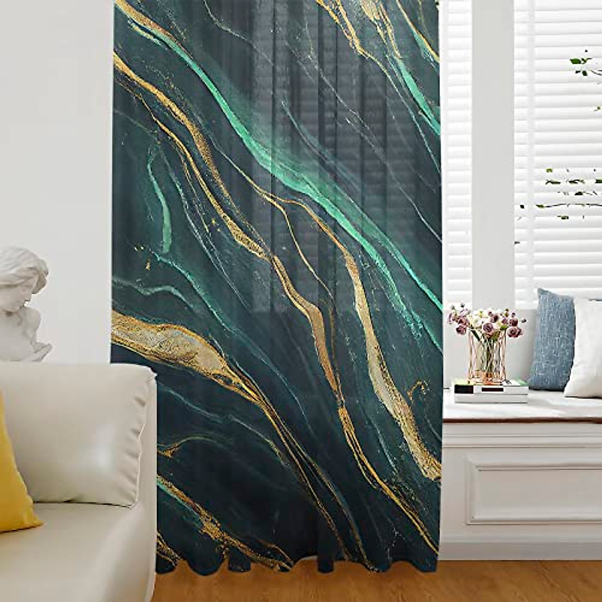 Marble Emerald Green Semi Sheer Curtains Drapes for Living Room, Bedroom, French Doors Window 54 Inches Long, Modern Abstract Gold Art Rod Pocket Chiffon Curtain Drapery Voile Draperies Panel