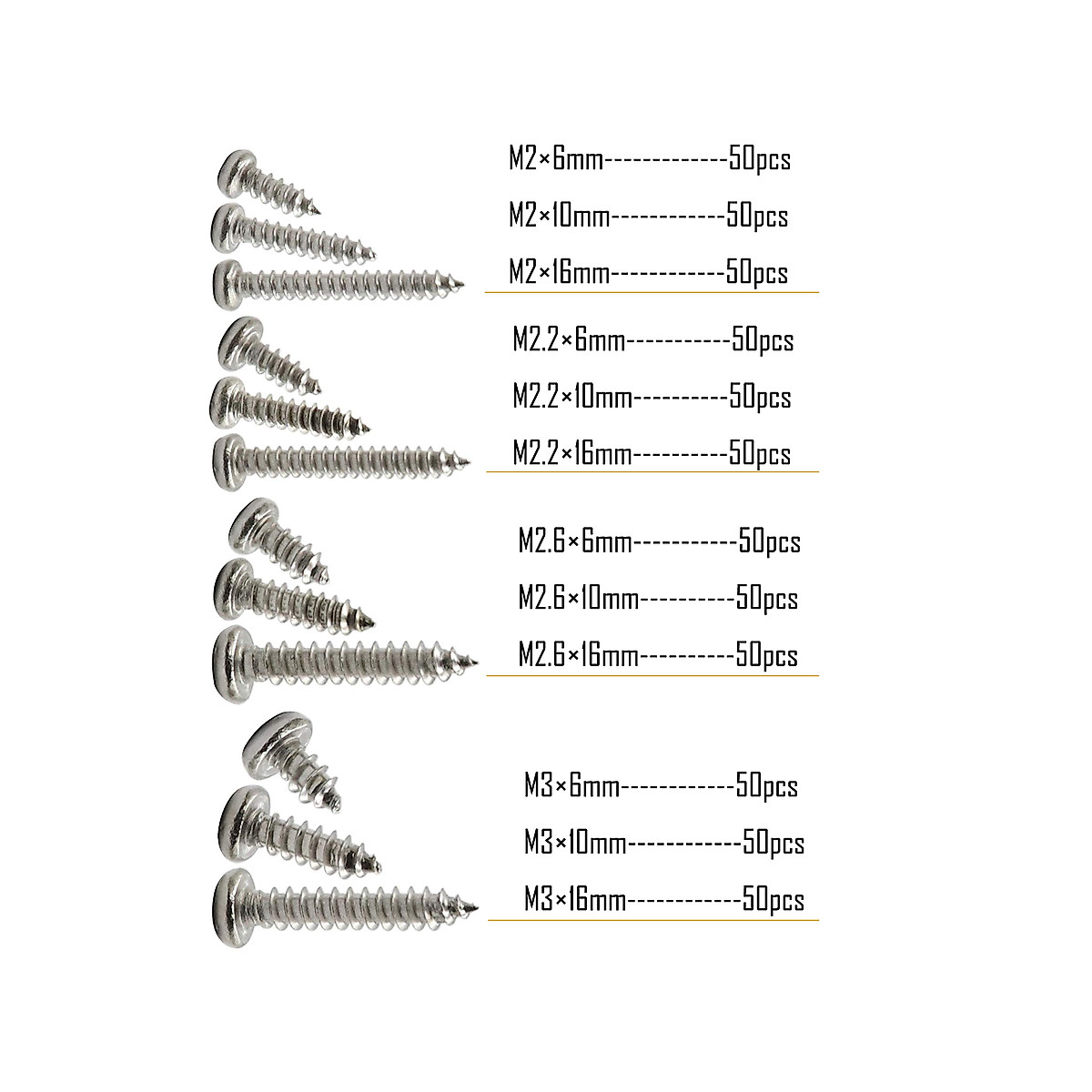 LBY 600pcs M2 M2.2 M2.6 M3 Pan Head Self-Tapping Sheetmetal Screw Assortment Kit, 12 Sizes, 304 Stainless Steel
