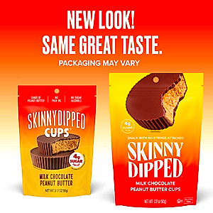 SkinnyDipped Milk Chocolate Peanut Butter Cups, 4g Sugar, Low Sugar, No Palm Oil, Gluten Free, 3.2oz Bag, 4 Pack (24 Cups Total)