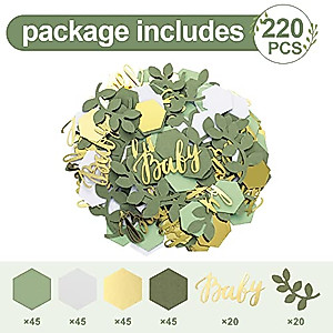 220 Pieces Greenery Baby Shower Confetti Decorations with Eucalyptus Sage Green Paper Table Confetti Hexagon Shape Table Scatter Confetti Gold White Green Confetti for Girl Boy Gender Reveal Party