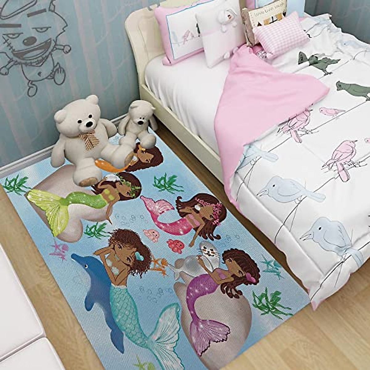 Radixnine Girls Bedroom Rugs Mermaid Room Rugs Bedroom Rugs Black Girls Large Area Rugs Teenage Girls Room Decor Anti-Slip Comfort Floor Mats Lounge Chair Rugs 39 * 59 Inches