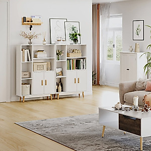 FOTOSOK Floor Storage Cabinet with 2 Shelves and 3 Cubes, Bookcase with Doors, Bookshelf Cabinet with Legs for Kitchen, Living Room and Home Office, White
