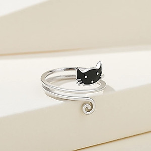 Cute Cat Open Statement Ring 925 Sterling Silver Adjustable Simple Lovely Animal Pet Wrap Stacking Engagement Wedding Finger Rings Dainty Jewelry Gifts for Women Girls Teen Birthday Xmas Daughter Girlfriend