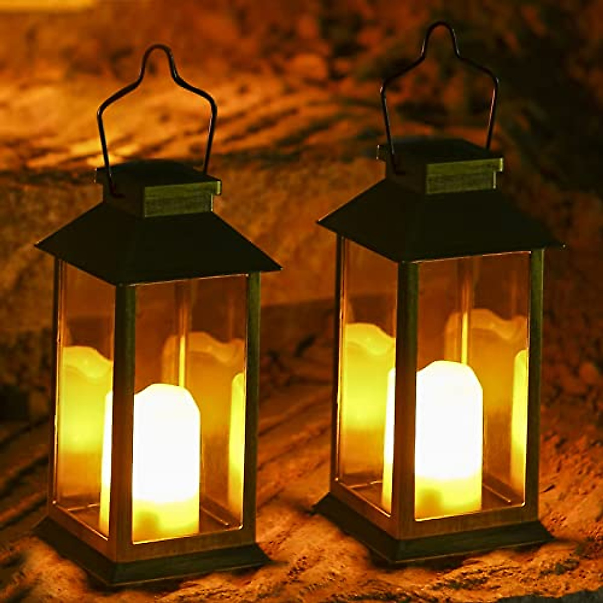 Tomshine 2 Pack Solar Lanterns, Outdoor Garden Hanging Lanterns, 11.8 Inch LED Flickering Flameless Candle Mission Lights for Yard, Table, Patio(Black)