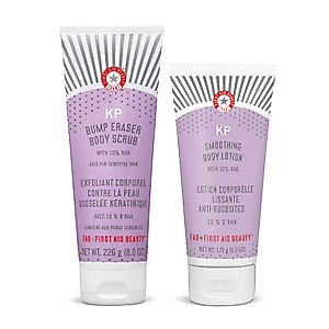 First Aid Beauty KP Bundle: KP Bump Eraser Body Scrub with 10% AHA – 8 oz – and KP Smoothing Body Lotion – 6 oz