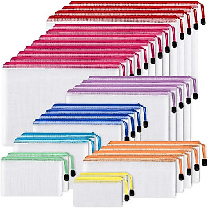 EOOUT 30pcs Mesh Zipper Pouch, Waterproof Zipper Bags, 8 Sizes Waterproof Plastic Document Pouch, 8 Colors, Multipurpose for Travel Storage, School Supplies, Office Appliances and Home Organize