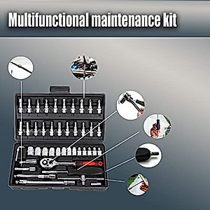 Sutlumisi 46Pcs Drive Socket Ratchet Wrench Set, 1/4 inch Metric Hex Socket Set & Bit Socket Set & Extension Bars, Car Tools Kit for Automotive Repair & Household