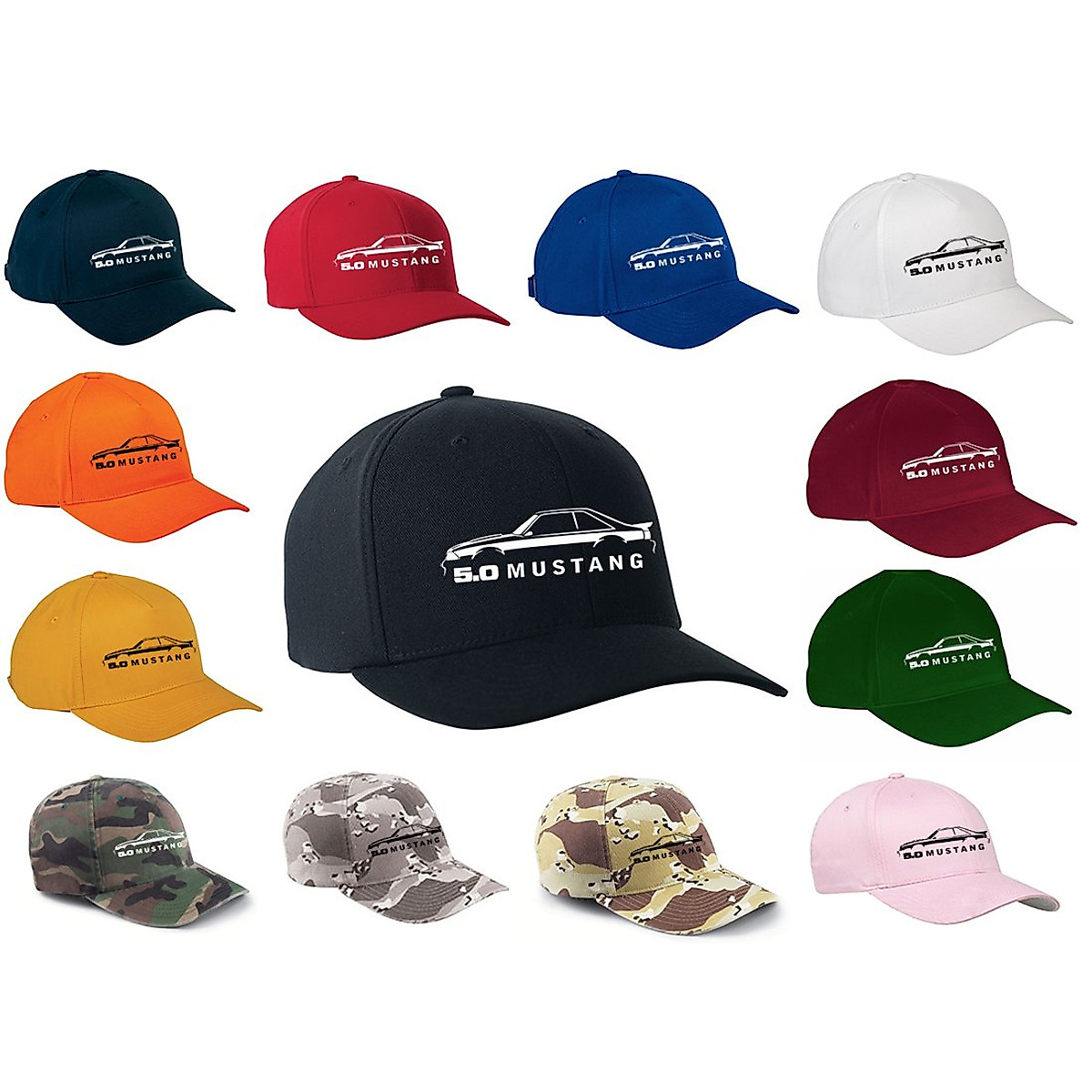 1987-93 Ford Mustang GT 5.0 Hatchback Classic Outline Design Flexfit hat Cap Large/XLarge Black