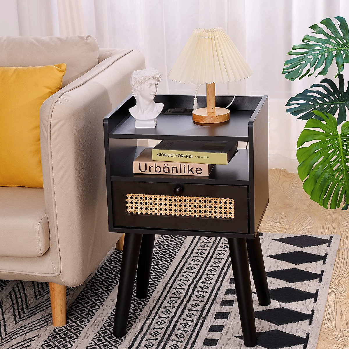 EOYUTLLY Nightstand with Charging Station Side Table with Rattan Drawer Storage, Bedside Table with USB Ports Modern Wooden End Table for Living Room, Bedroom and Small Space, Black