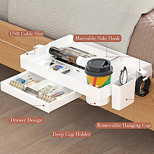 SPACEKEEPER Bedside Shelf for Bed, Foldable Bunk Bed Shelf Clip On Nightstand for Top Bunk College Dorm Room Essentials Floating Table Tray Bed Side Shelf Organizer with Drawer, Plus Size, White