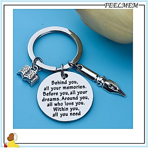 FEELMEM Creative Writer Gift Future Author Keychain Gift Novelist Gift Behind You All Memories Before You All Your Dream