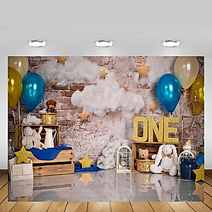 MEHOFOTO Blue and Gold Boy One Birthday Photo Studio Portrait Backdrop Props Balloons Cloud Stars Retro Wall Happy 1st Birthday Party Decorations Photography Background Banner 7x5ft