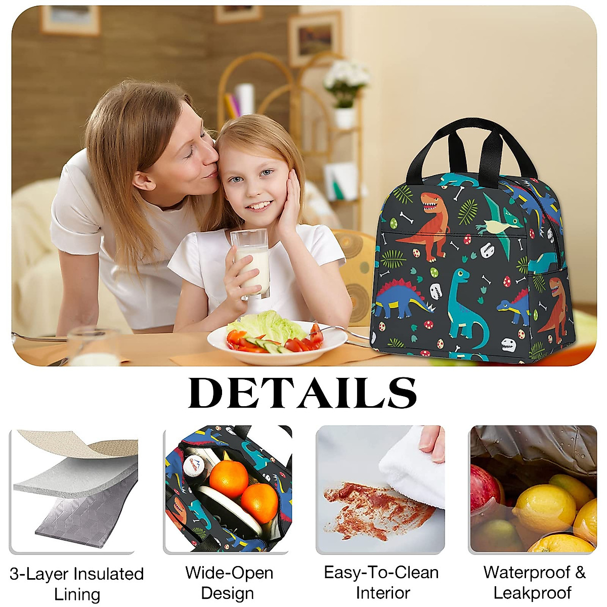 Velivn Lunch Bag for Kids, Leakproof Insulated Lunch Box with Front Pocket for Boys/Girls Reusable Zipper Cooler Tote Bag for Work School Picnic Camping (Dark Grey with Dinosaur)