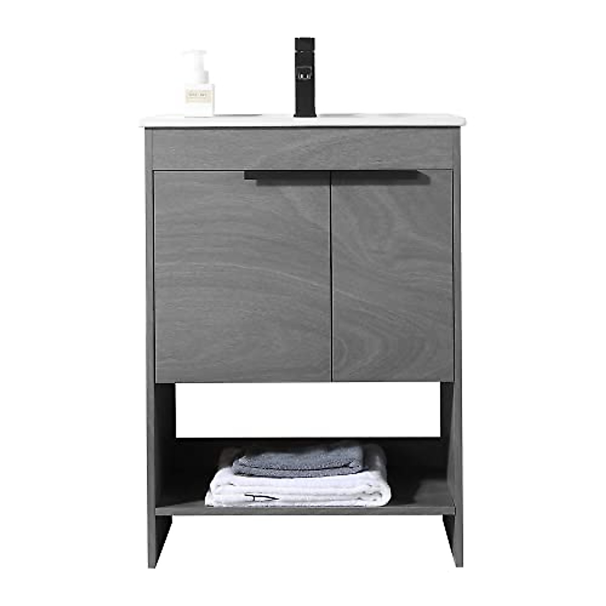 Fine Fixtures Bathroom Vanity with Integrated Ceramic Sink - Bathroom Vanity with Sink & Modern Knob Design - Bathroom Vanities with Sturdy Marble Top & Soft Closing Doors (24 Inch) Grey