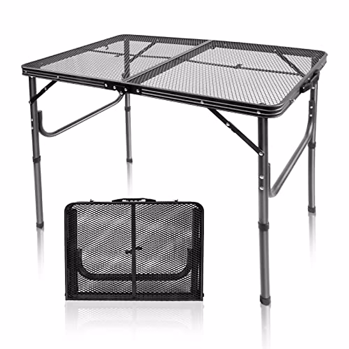 YDY+YQY Folding Metal Grill Table Portable Camping Aluminum Table with Mesh Desktop, Anti-Slip Feet, Height Adjustable, Lightweight Outdoor Table for Garden RV Picnic BBQ Cooking