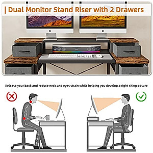 YAOHUOO Computer Desk with Dual Monitor Stands - 48'' Office Desk Writing Desk with 4 Drawers and Keyboard Storage, Work Desk with Dual PC Mainframe Shelves for Storage (Rustic Brown, 48)