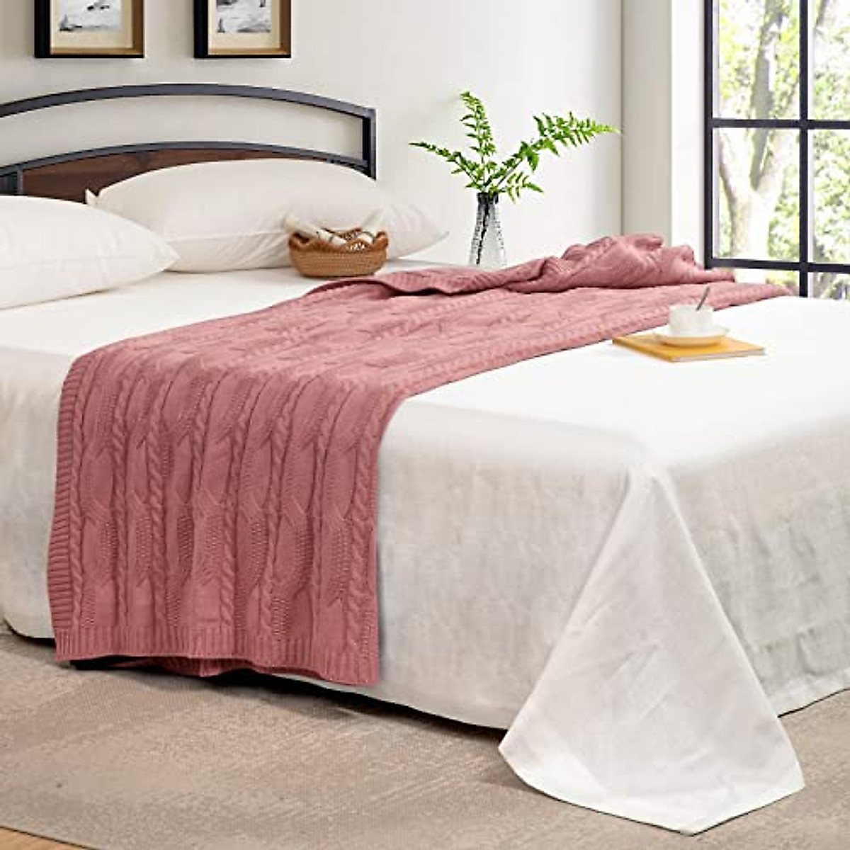 Aormenzy Dusty Pink Knit Throw Blankets Cable Knit Decorative Throw Blanket Dusty Rose Soft Cozy Knitted Blanket for Sofa Couch Bed, 50" x 60"